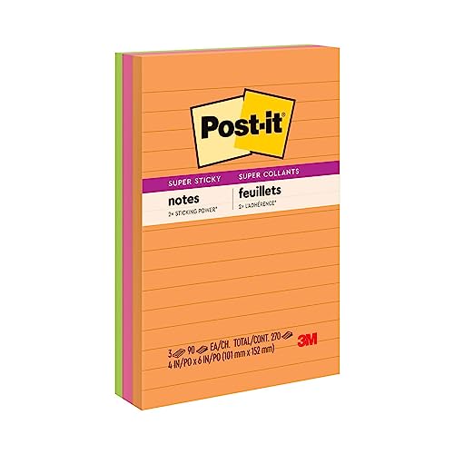 Post-it Super Sticky Notes, 4x6 in, 3 Pads, 2x the Sticking Power, Energy Boost Collection, Bright Colors, Recyclable (660-3SSUC)