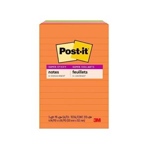 Post-it Super Sticky Notes, 4x6 in, 3 Pads, 2x the Sticking Power, Energy Boost Collection, Bright Colors, Recyclable (660-3SSUC)