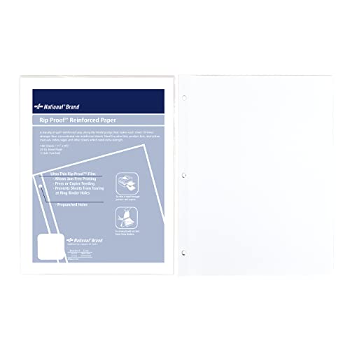 National Rip Proof Reinforced Filler Paper, 3-Hole, 8.5 X 11, Unruled, 100/pack,White