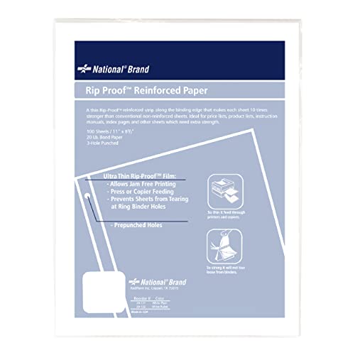 National Rip Proof Reinforced Filler Paper, 3-Hole, 8.5 X 11, Unruled, 100/pack,White