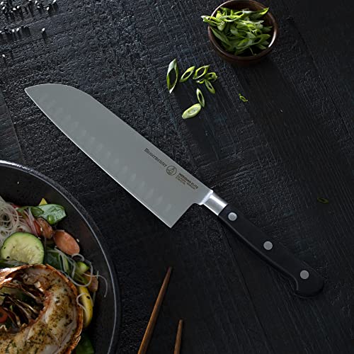 Messermeister Meridian Elite 7” Kullenschliff Santoku Knife - Japanese Chef’s Knife - German Steel Alloy Blade - Rust Resistant & Easy to Maintain