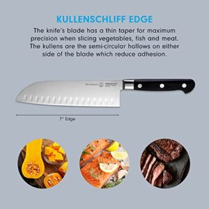 Messermeister Meridian Elite 7” Kullenschliff Santoku Knife - Japanese Chef’s Knife - German Steel Alloy Blade - Rust Resistant & Easy to Maintain