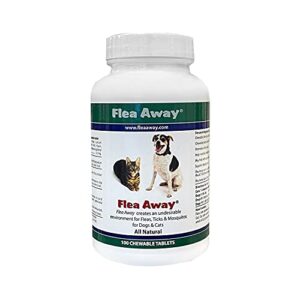 flea away all natural supplement for fleas, ticks, and mosquitos prevention for dogs and cats, 100 chewable treat tablets, single