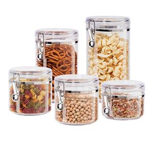 oggi 5pc clear canister set with clamp lids airtight containers in sizes ideal for kitchen & pantry storage of bulk, dry foods including flour, sugar, coffee, rice, tea, spices & herbs