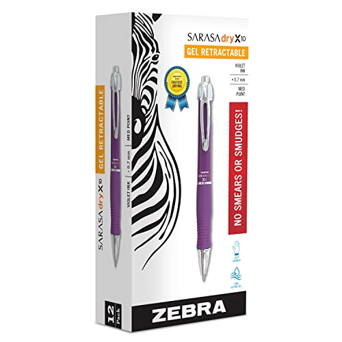 Zebra GR8 Gel Pen, Retractable, Medium 0.7 mm, Violet Ink, Violet/Silver Barrel, 12/Pack