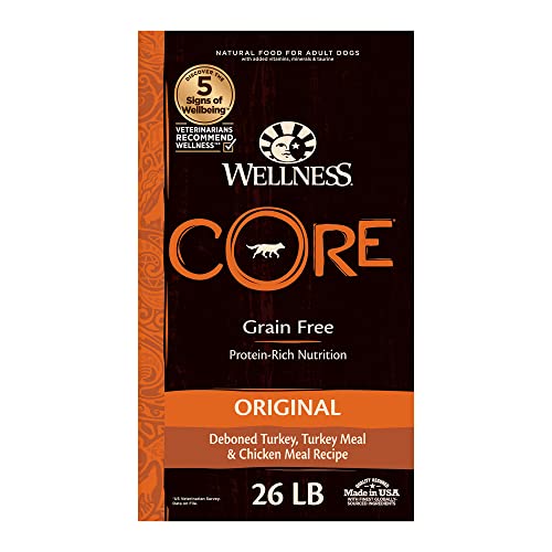 Wellness CORE Grain-Free High-Protein Dry Dog Food, Made in USA with Real Meat & Natural Ingredients, All Breeds, Adult Dogs (Turkey & Chicken, 26-lb) With Nutrients for Immune, Skin, & Coat Support