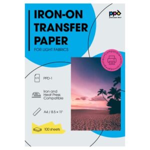 ppd inkjet premium iron-on light t shirt transfer paper ltr 8.5x11" pack of 100 sheets (ppd001-100)