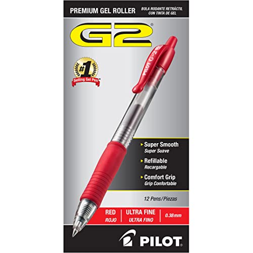 PILOT G2 Premium Refillable & Retractable Rolling Ball Gel Pens, Ultra Fine Point, Red Ink, 12-Pack (31279)