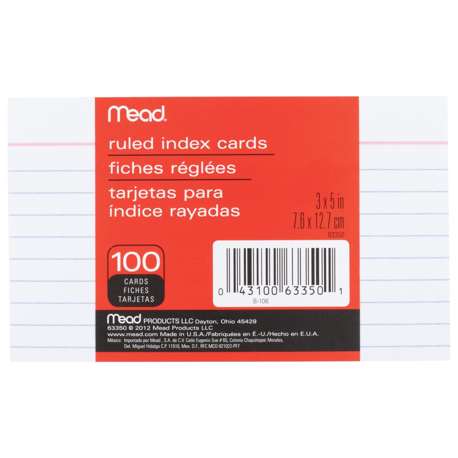 Mead Lined Index Cards, Note Cards, Ruled, 100 Count, 3" x 5", White (63350)