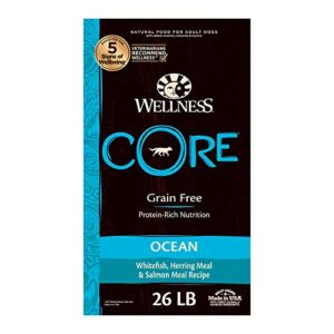 wellness core grain-free high-protein dry dog food, natural ingredients, made in usa with real meat, all breeds, for adult dogs (ocean whitefish, herring & salmon, 26-pound bag)