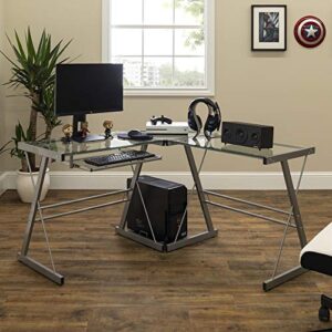 walker edison ellis modern glass top l shaped corner gaming desk with computer keyboard tray, 51 inch, silver