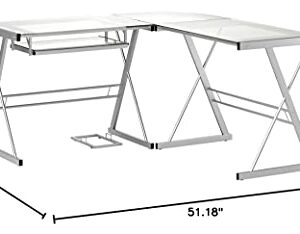 Walker Edison Ellis Modern Glass Top L Shaped Corner Gaming Desk with Computer Keyboard Tray, 51 Inch, Silver