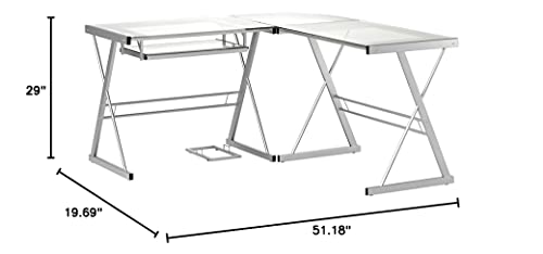 Walker Edison Ellis Modern Glass Top L Shaped Corner Gaming Desk with Computer Keyboard Tray, 51 Inch, Silver