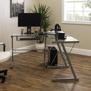 Walker Edison Ellis Modern Glass Top L Shaped Corner Gaming Desk with Computer Keyboard Tray, 51 Inch, Silver