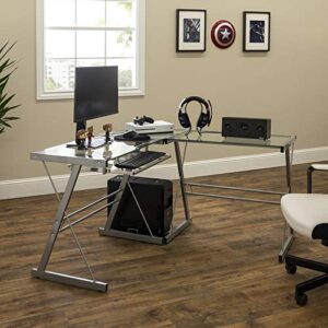 Walker Edison Ellis Modern Glass Top L Shaped Corner Gaming Desk with Computer Keyboard Tray, 51 Inch, Silver