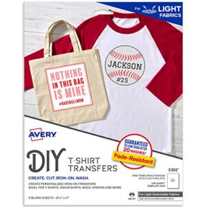 avery printable stretchable heat transfer paper for light fabrics, 8.5" x 11", inkjet printer, 5 sheets (3302)