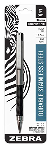 Zebra F-301 Compact Ballpoint Stainless Steel Retractable Pen, Fine Point, 0.7mm, Black Ink, 1-Count