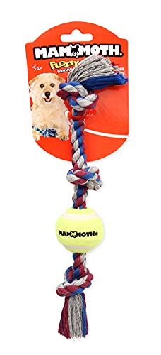 Mammoth Flossy Chews Color 3 Knot Tug w/Mini Tennis Ball – Premium Cotton-Poly Tug Toy for Dogs – Interactive – Rope Dog Toy for Small Dogs - Mini 11”