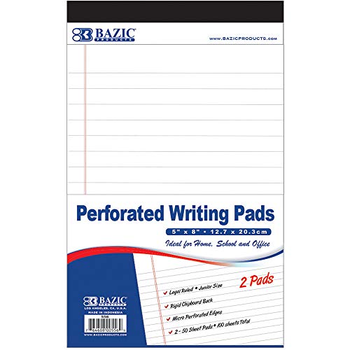 BAZIC Perforated Writing Pad, 50 Sheets 5x8 Inch, White Jr. Lined Ruled Memo Writing Pads Note Paper for Office School Student, Total 2 Count