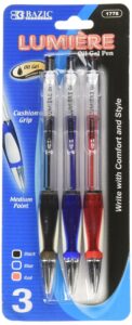 bazic lumiere asst. color retractable oil-gel ink pen w/ grip (3/pack) (1778)