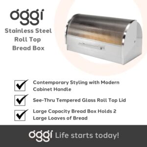 Oggi Stainless Steel Roll Top Bread Box with Tempered Glass Lid