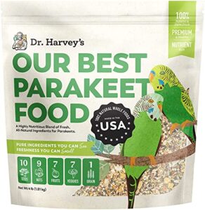 dr. harvey's our best parakeet food, wholesome seeds, nuts, fruits, and vegetables bird feed for budgies and parakeets