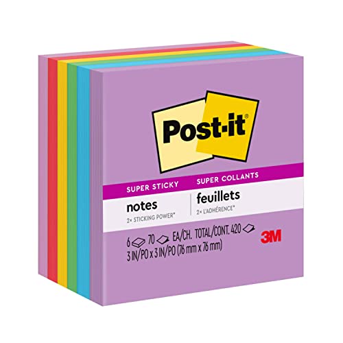 Post-it Super Sticky Notes, 3x3 in, 6 Pads, 2x the Sticking Power, Playful Primaries Collection, Primary Colors (Red, Yellow, Green, Blue, Purple), Recyclable(654-6SSAN)