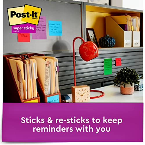 Post-it Super Sticky Notes, 3x3 in, 6 Pads, 2x the Sticking Power, Playful Primaries Collection, Primary Colors (Red, Yellow, Green, Blue, Purple), Recyclable(654-6SSAN)