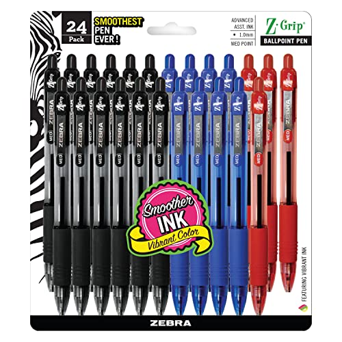 Zebra Pen Z-Grip Retractable Ballpoint Pen, Medium Point, 1.0mm, Assorted Business Colors - 24 Pieces (Packaging may vary)