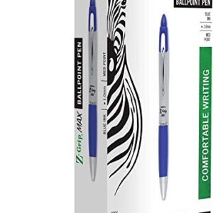 Zebra Pen Z-Grip MAX Retractable Ballpoint Pen, Medium Point, 1.0mm, Silver Barrel, Blue Ink, 12 Pack