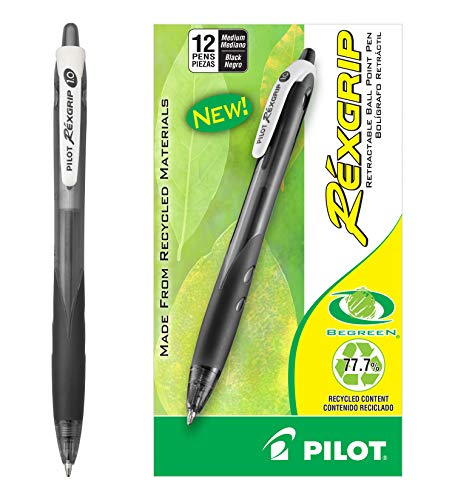 PILOT RexGrip BeGreen Refillable & Retractable Ballpoint Pens, Medium Point, Black Ink, 12-Pack (32370)