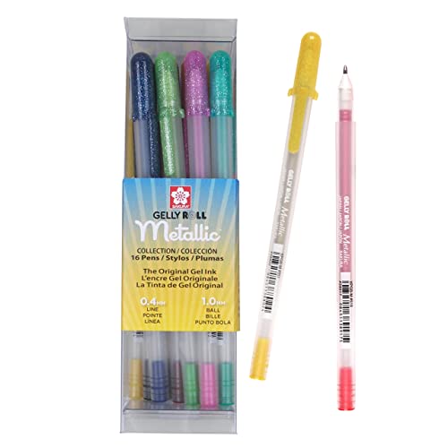 SAKURA Gelly Roll Metallic Gel Pens - Pens for Scrapbook, Journals, or Drawing - Colored Metallic Ink - Medium Line - 16 Pack