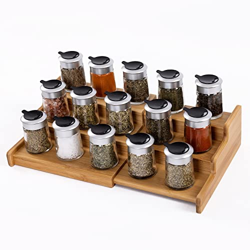 Seville Classics Bamboo Premium Wood 3-Tier Step Shelf Spice & Seasoning Storage Rack Organizer for Kitchen, Cabinet, Countertop, Pantry, Bathroom, Salon, Adjustable Expandable 8.5"-15" W Single