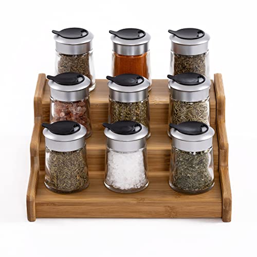 Seville Classics Bamboo Premium Wood 3-Tier Step Shelf Spice & Seasoning Storage Rack Organizer for Kitchen, Cabinet, Countertop, Pantry, Bathroom, Salon, Adjustable Expandable 8.5"-15" W Single