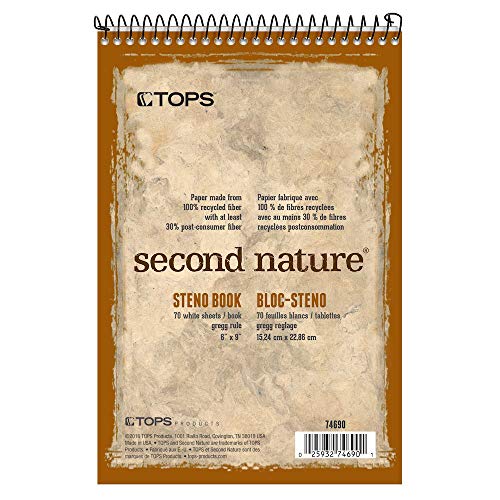 TOPS Second Nature Spiral Steno Books, Recycled, 6 x 9 Inches, Gregg Rule, Tan Cover, 70 Sheets Per Book (74690)