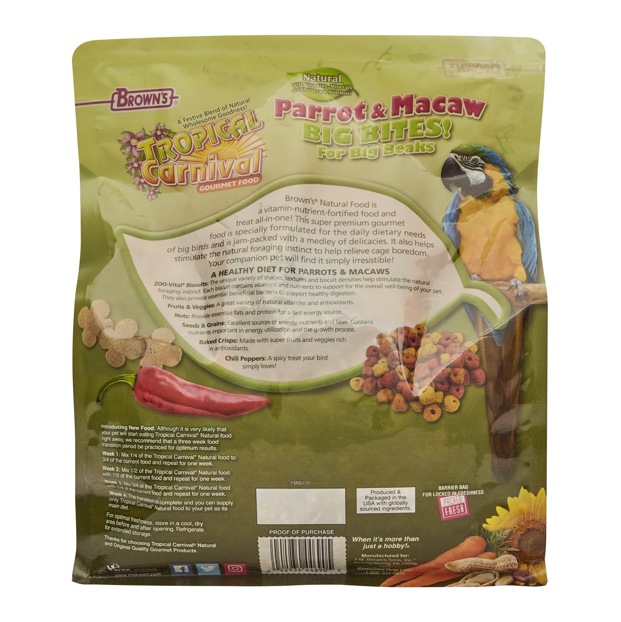 F.M. Brown's Tropical Carnival, Natural Parrot, Cockatoo, and Macaw Food for Big Beaks with Fruits, Veggies, Nuts, and Grains, Vitamin-Nutrient Fortified Daily Diet, 4 lb