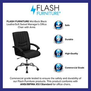 Flash Furniture Hansel Mid-Back Black LeatherSoft Swivel Manager's Office Chair with Arms