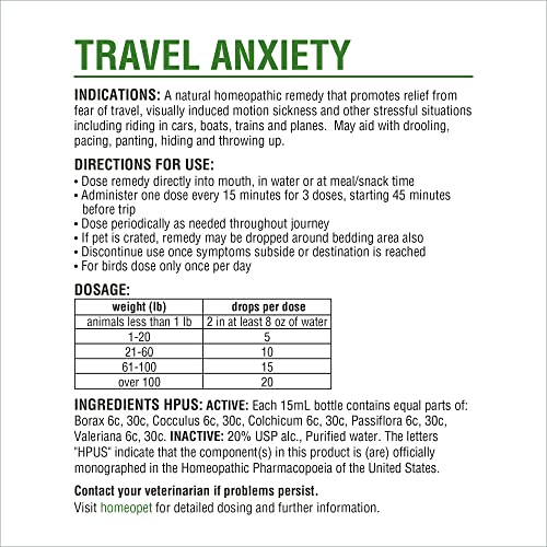 HomeoPet Travel Anxiety, Calming Relief for Dogs, Cats, and Other Small Animals, 15 Milliliters