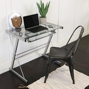 Walker Edison Metal and Glass Work From Home Laptop Computer Gaming Desk with Slide In Keyboard Tray Home Office, 31 Inch, Silver