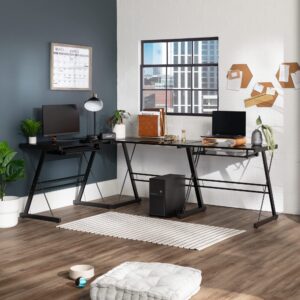 Walker Edison Modern Small Metal and Glass Computer Gaming with Under Desk Keyboard Tray Black Home Office Desk, 31 inch