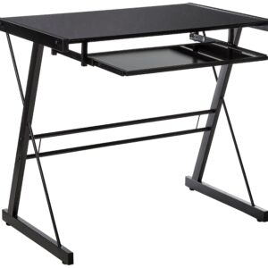 Walker Edison Modern Small Metal and Glass Computer Gaming with Under Desk Keyboard Tray Black Home Office Desk, 31 inch