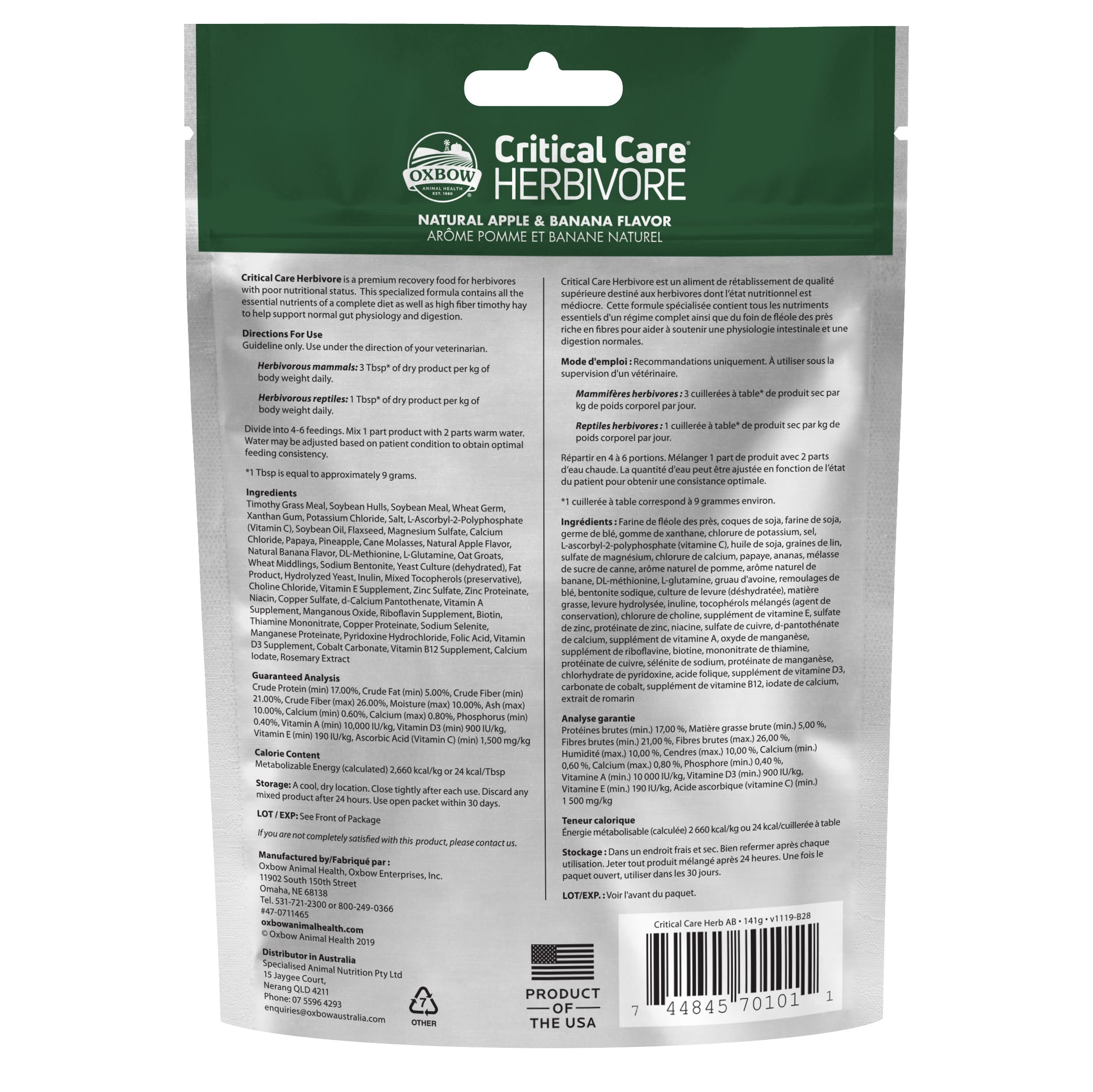 Oxbow Animal Health Critical Care, Herbivore, Apple-Banana Flavor, 141 Gram Bag