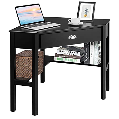 Target Marketing Systems Wood Corner Desk with One Drawer and One Storage Shelf, Black