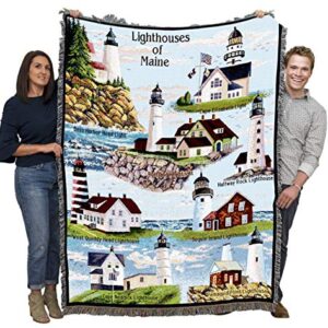 Lighthouses of Maine Blanket - Bass Harbor Cape Elizabeth Halfway Rock Sequin Neddick West Quoddy Portland Pemaquid - Coastal Ocean Gift Tapestry Throw Woven from Cotton - Made in the USA (72x54)