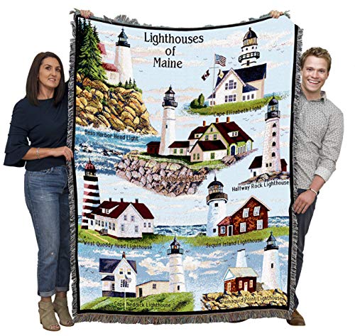 Lighthouses of Maine Blanket - Bass Harbor Cape Elizabeth Halfway Rock Sequin Neddick West Quoddy Portland Pemaquid - Coastal Ocean Gift Tapestry Throw Woven from Cotton - Made in the USA (72x54)