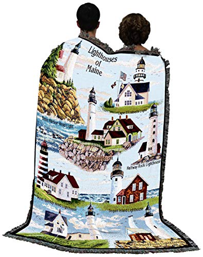 Lighthouses of Maine Blanket - Bass Harbor Cape Elizabeth Halfway Rock Sequin Neddick West Quoddy Portland Pemaquid - Coastal Ocean Gift Tapestry Throw Woven from Cotton - Made in the USA (72x54)