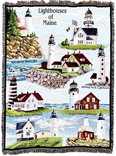 Lighthouses of Maine Blanket - Bass Harbor Cape Elizabeth Halfway Rock Sequin Neddick West Quoddy Portland Pemaquid - Coastal Ocean Gift Tapestry Throw Woven from Cotton - Made in the USA (72x54)