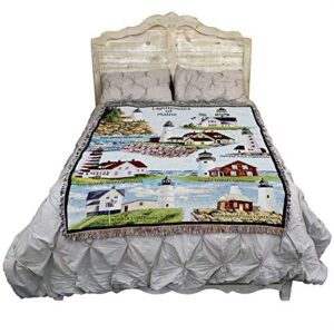 Lighthouses of Maine Blanket - Bass Harbor Cape Elizabeth Halfway Rock Sequin Neddick West Quoddy Portland Pemaquid - Coastal Ocean Gift Tapestry Throw Woven from Cotton - Made in the USA (72x54)