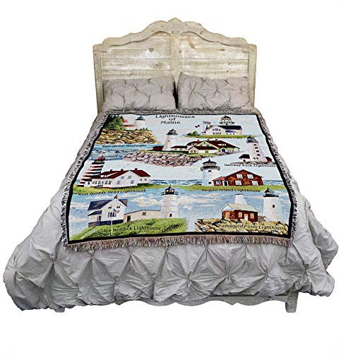 Lighthouses of Maine Blanket - Bass Harbor Cape Elizabeth Halfway Rock Sequin Neddick West Quoddy Portland Pemaquid - Coastal Ocean Gift Tapestry Throw Woven from Cotton - Made in the USA (72x54)