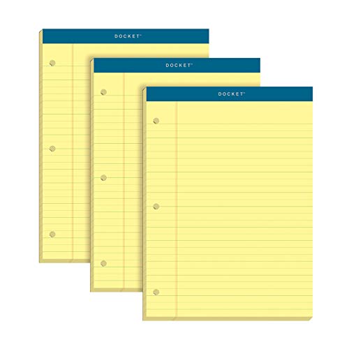 TOPS Docket Writing Pads, 8-1/2" x 11-3/4", Legal Rule, Canary Paper, 3-Hole Punched, 100 Sheets, 3 Pack (63392)